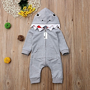 Bowanadacles Newborn Infant Baby boy Girl Cartoon Shark Long Sleeve Hooded Jumpsuit Bodysuit Romper Zipper Outfit