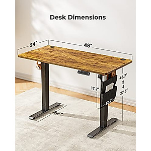 Marsail Standing Desk Adjustable Height, Electric Standing Desk with Storage Bag, Stand up Desk for Home Office Computer Desk Memory Preset with Headphone Hook, 48 * 24 Inch, Rustic