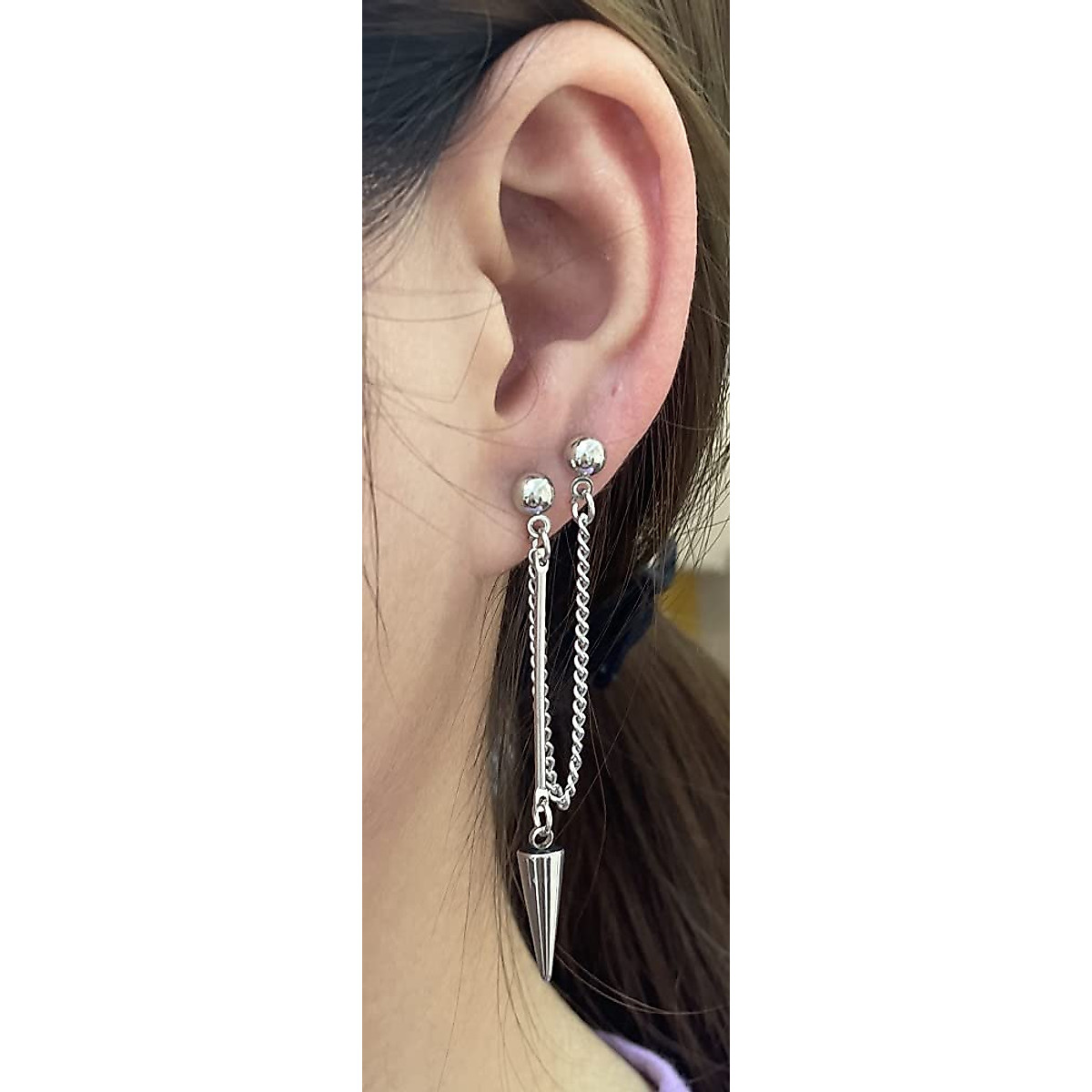 Double Ball Spike Piercing Chain Minimalist Dangle Drop Stud Cuff Earrings for Two Holes Men Women Boys 2nd Ear Cartilage Stainless Steel Fashion Punk Climber Crawler Threader Tassel Dangling Hypoallergenic Gifts for Birthday Bff