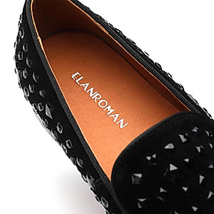 ELANROMAN Loafers Men Black Dress Fashion Tuxedo Rhinestones Slip-on Moccasins Wedding Shoes US 10.5
