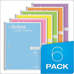 Oxford Spiral Notebook 6 Pack, 1 Subject, Wide Ruled Paper, 8 x 10-1/2 Inch, Pastel Pink, Orange, Yellow, Green, Blue and Purple, 70 Sheets (63757)