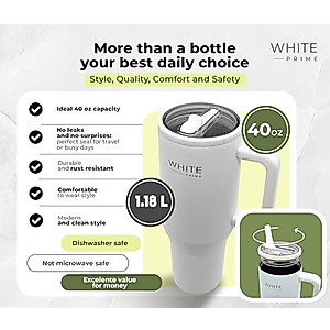 WHITE Prime 40 oz Tumbler | 100% Leak Proof | Simple Elegant Modern | Stainless Steel Double Wall Tumbler with handle | Reusable Water Bottle | Cupholder Friendly | Drinkware Flasks