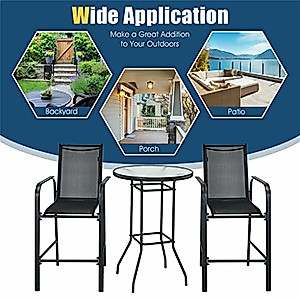 LUKEO 3 PCS Outdoor Patio Bar Table Stool Set Height Tempered Glass Top Suitable for Garden, Patio, Poolside, Backyard and More