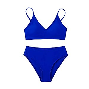 Romwe Girl's 2 Piece Swimsuit Sport Solid High Waist Bikini Set Bathing Suit Blue Solid Plain 160