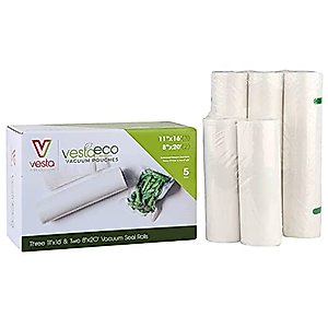 VestaEco Commercially Compostable Vacuum Seal Rolls | Embossed | 8 Inches x 20 Feet (2 Vacuum Seal Rolls) | 11 Inches x 16 Feet (3 Vacuum Sealer Rolls)