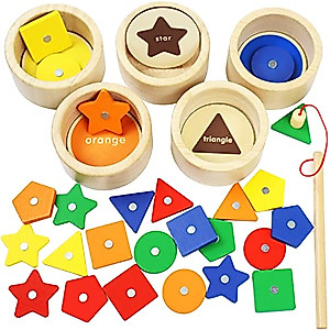 SHARKWOODS Montessori Toy Sorting Cup&Fishing Game 2-in-1 Wooden Colors Shapes Sorting Matching Learning Educational for Toddlers 1-3 Year Old Gifts