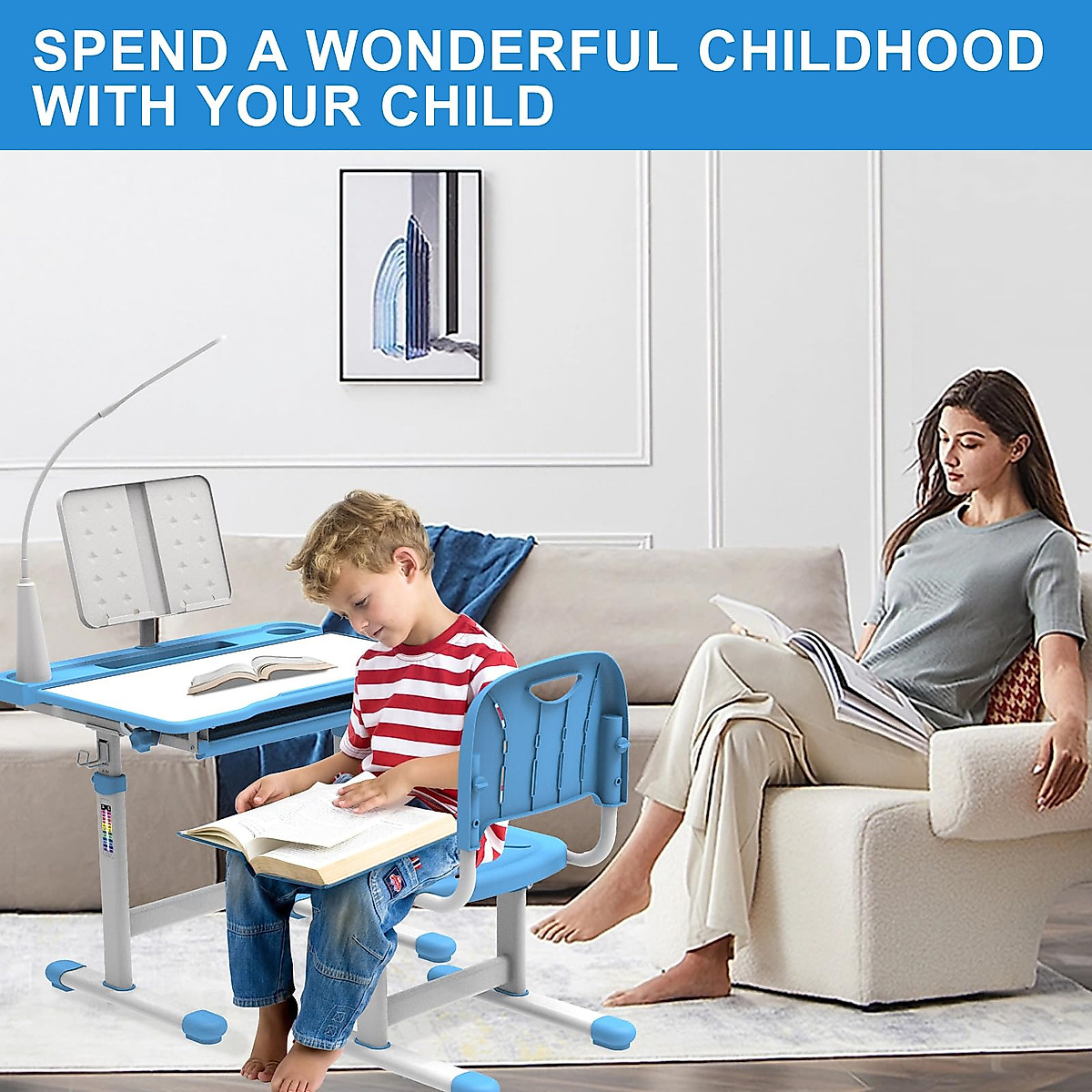 BELANITAS Kids Desk and Chair Set 10-12 Years Old Height Adjustable School Desk,Ergonomic Student Table for Kids with Tilt-able Desktop,Kids Study Desk for Go Back School Gift Blue