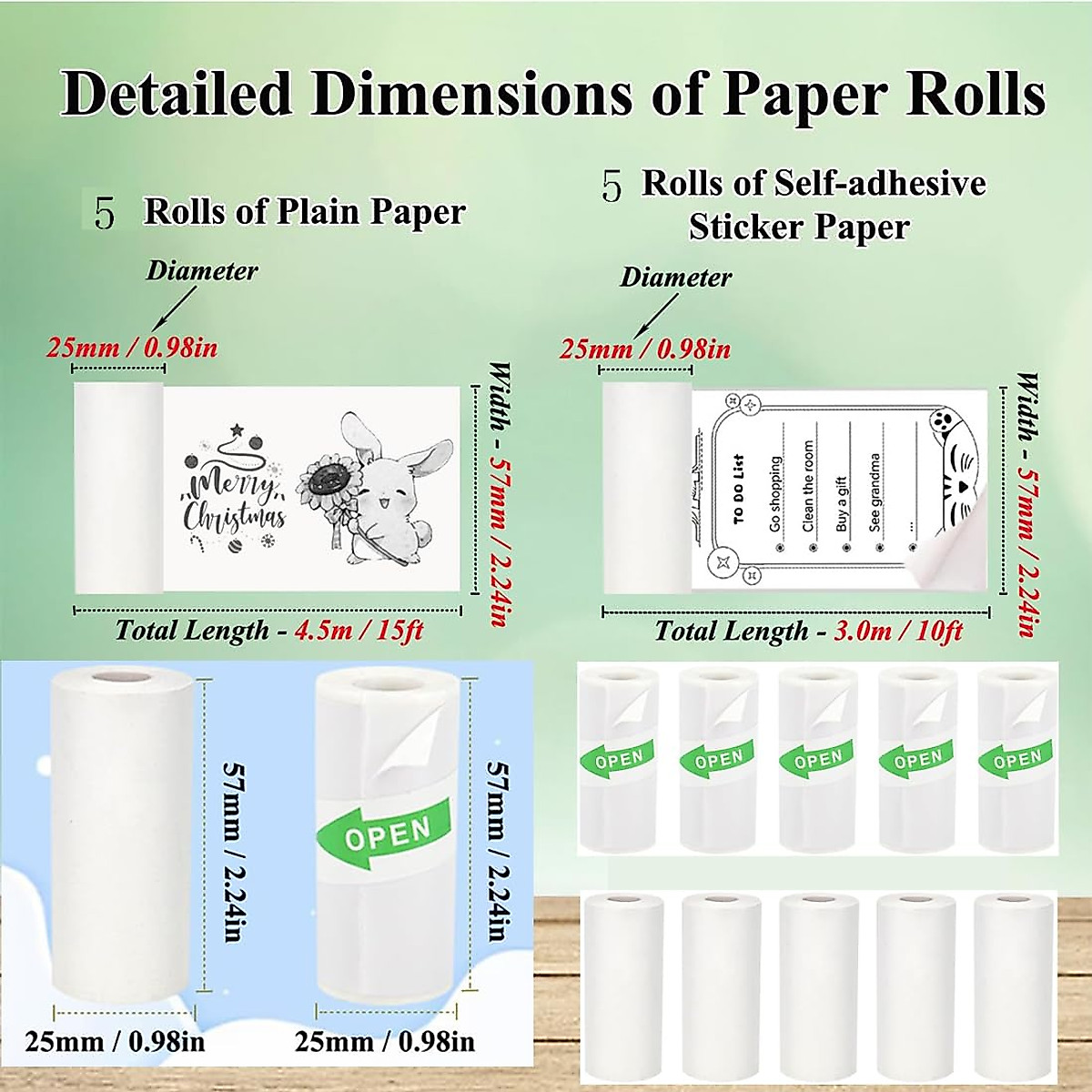 10Pcs Mini Printer Paper, 57 x 25 mm 5 Rolls Self Adhesive Thermal Paper Printable Sticker Paper and 5 Rolls White Printing Paper for Pocket Thermal Printer
