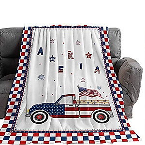 4th of July Throw Blanket, America Flag Farm Truck Fuzzy Soft Plush Independence Day Flannel Blankets Cozy Warm Fleece Bed Throws for Women/Men/Kids/Teens Blue Red White Buffalo Plaid 50x60In