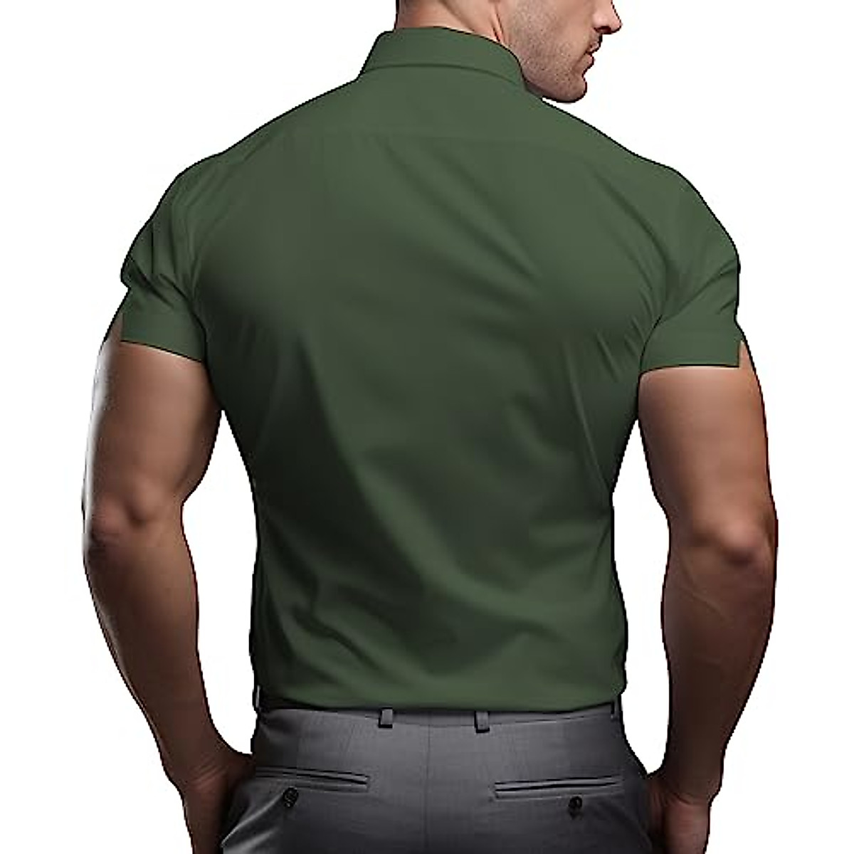 ATFORNA Men's Dress Shirt Slim fit Button Down Shirts Summer Short Sleeve Blouses Tops Men Clothes Green