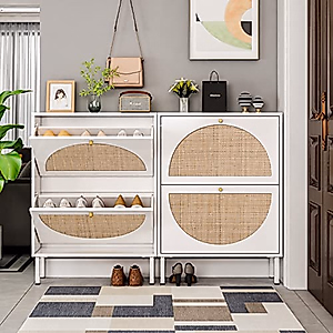 Natural Rattan Shoe Cabinet with 2 Flip Drawers, Entrance Hallway Slim Entryway Shoe Organizer, White Shoe Rack Storage Cabinet for Modern Heels, Boots, Slippers