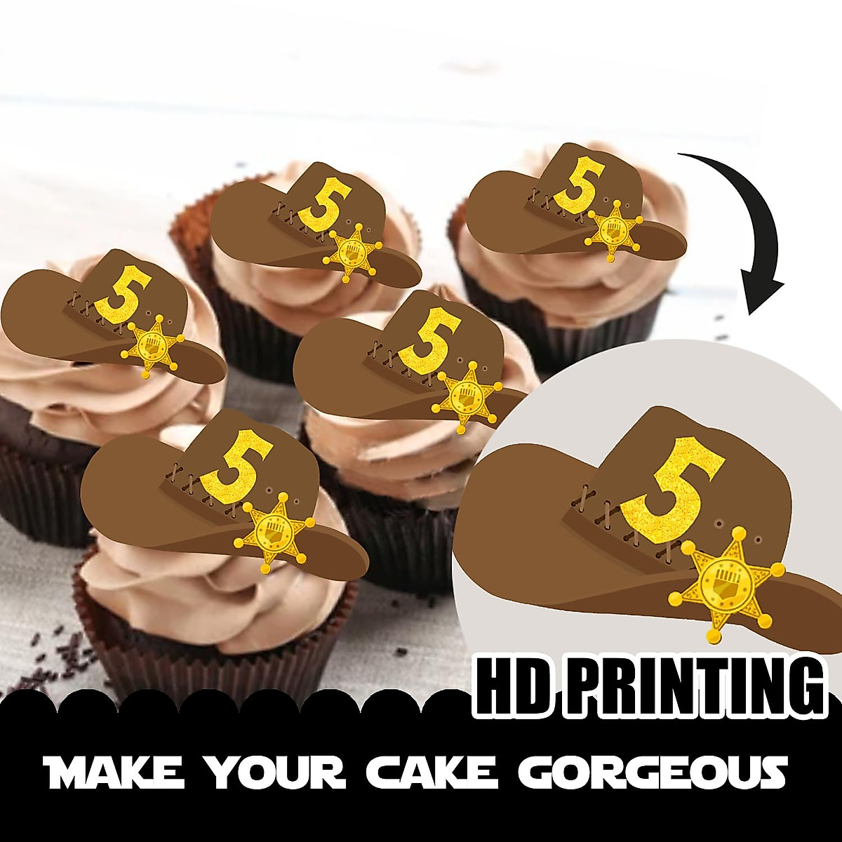 18pcs Gold Glitter Cowboy Hat 5 Dessert Cupcake Topper Cow Country Western Bull Riding Bull Rider Competition Theme Decor Supplies Boy Girl Happy 5th Birthday Party Decorations