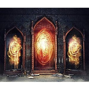 Laeacco 10x8ft Vintage Magical Arch Door Magic Gate Backdrop Dark Chamber Candle Flame Magic Mirrors Books Ancient Castle Interior Backdrop Spooky Night Halloween Party Decoration Photo Studio Props