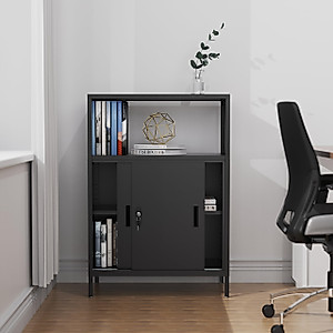 DiMorture Metal Office Cabinet File Cabinet Lockable, Printer Stand with Sliding Doors and Adjustable Shelves, Lateral Office Filing Cabinet for Letter, A4, Legal and File Folders, Black