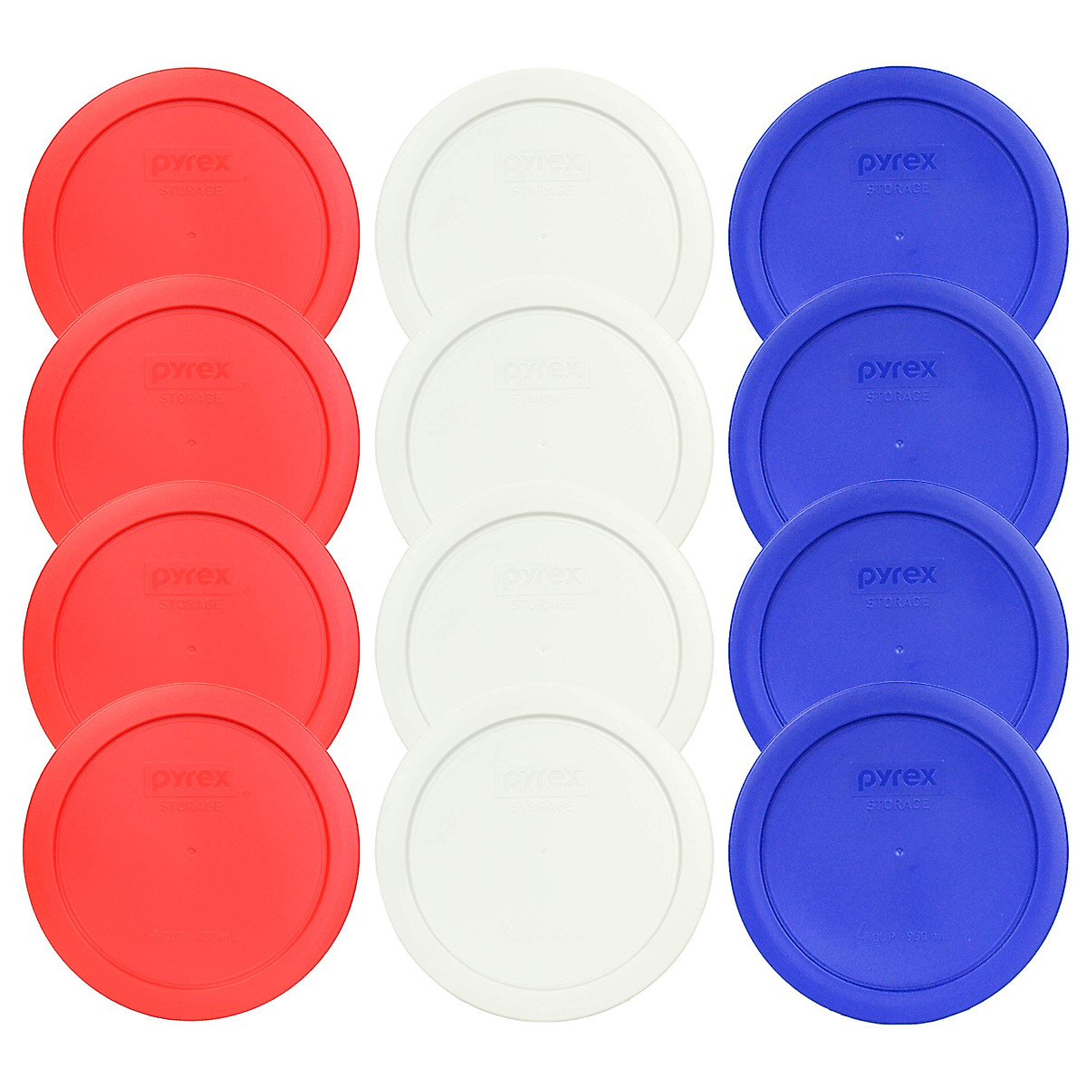 Pyrex 7201-PC 4 Cup (4) Red (4) White (4) Cobalt Blue Round Plastic Lids - 12 Pack Made in the USA