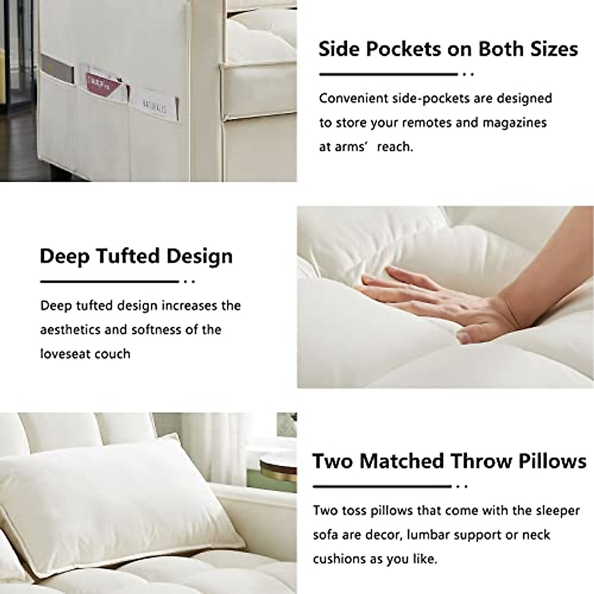 Aoowow 58 Inch Convertible Sleeper Sofa, Velvet Loveseat Sleeper Pull Out Sofa Bed Convertible Loveseat with Adjustable Backrest, 2 Pillows and Side Pockets for Living Room Small Spaces (Beige)