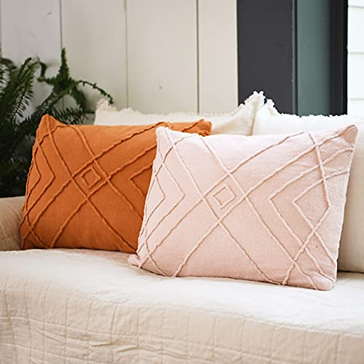 Main + Mesa Embroidered Cotton Geometric Lumbar Pillow, Blush