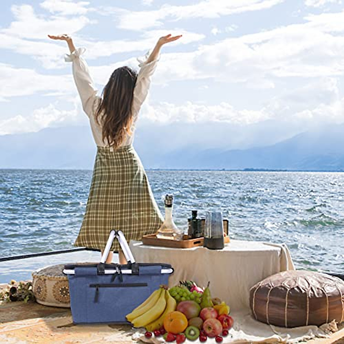 SIYUAN Picnic Basket, 27L Portable Collapsible Basket with Handle, Leakproof Insulated Picnic Cooler Strong Aluminium Frame Shopping Basket for Fishing,Camping,Travel,1 Pack,Blue