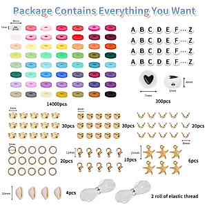 QUEFE 14420pcs Clay Beads for Bracelet Making Kit, 56 Colors Spacer Heishi Beads Flat Round Polymer Clay Beads with Pendant Charms Kits and Elastic Strings