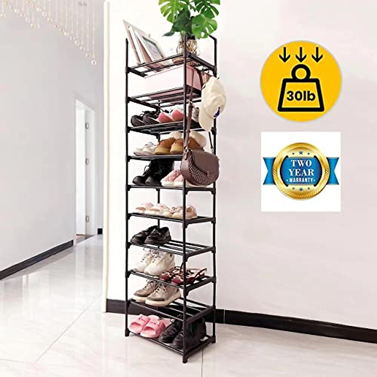 ANJETKON 10 Tier Durable Black Metal with Hooks Skinny Narrow Corner Standing Vertical Shoe Rack Tall Tower for Small Spaces Entryway Closet 20-24 Pairs Shoe and Boots Organizer Storage Shelf