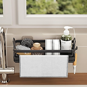 LBTING Sponge Holder for Kitchen Sink, Wall Mounted Sink Caddy with Self-Draining Drain Tray, Stainless Steel Kitchen Sink Caddy for Organizing Sponge, Brush, Soap Dish Dispenser – Black