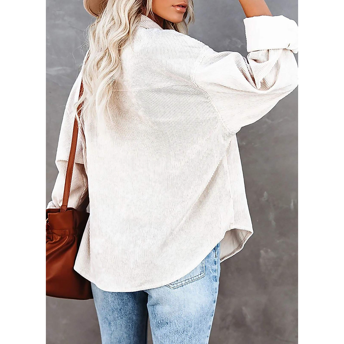 Astylish Womens Long Sleeve Button Up Pocket Shirts Ladies Loose Fit Corduroy Tunic Blouse Tops Beige M