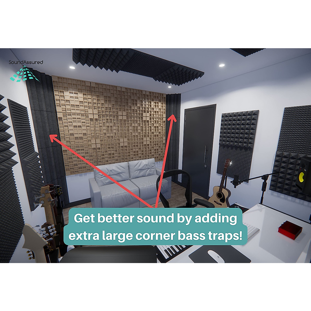 Color Acoustic Foam Bass Traps, Bulk 24” x 12” x 12” XL Soundproofing Studio Foam Bass Trap Bundle (4 Pack, Charcoal)