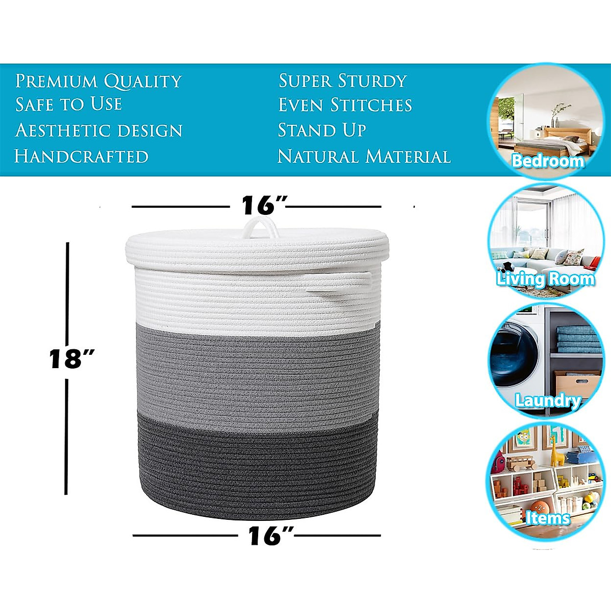16" x 16" x 18" Extra Large Storage Basket with Lid, Cotton Rope Storage Baskets, Laundry Hamper, Cloth Bin, for Clothes Towels Blankets Pillows Storage in Living Room, Grey/Dark Grey with Cover