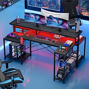 Bestier Gaming Desk with Power Outlet, 71.5 inch LED Computer Desk with Monitor Stand, L Shaped Large Desk with Metal Shelf, Cup Holder & Headset Hooks, Corner Desk for Bedroom 3D Carbon Fiber