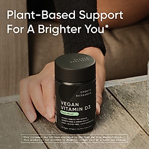 Sports Research Vegan Vitamin D3 5000IU (125 mcg) with Coconut Oil | 100% Plant-Based Vitamin D for Bone, Joint & Immune Support | Carrageenan Free, Vegan Certified & Non-GMO Verified (60 Softgels)
