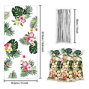 Geyee 100 pcs Hawaiian Luau Cellophane Treat Bags,Summer Tropical Aloha Themed Candy Bags Palm Leaves Hibiscus Goodie Bags with 100 Silver Twist Ties for Kids Birthday Party Favor Bag,Clear,10.8x5 in