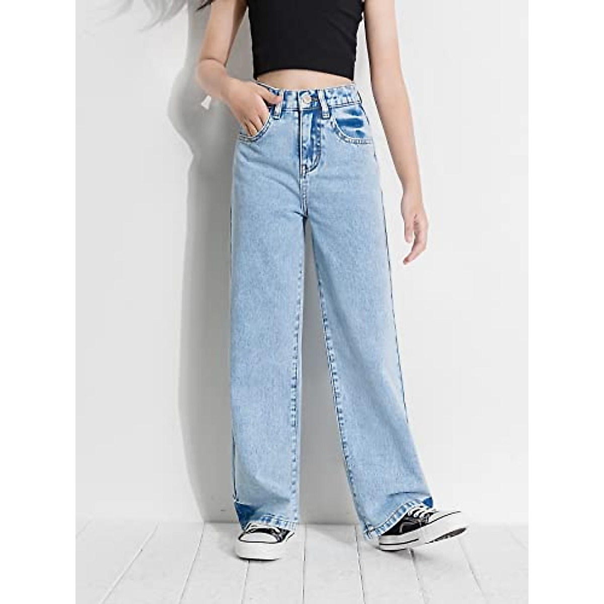 Romwe Girl's Vintage High Waisted Straight Leg Jeans Regular Fit Denim Pants Blue Light Wash 160