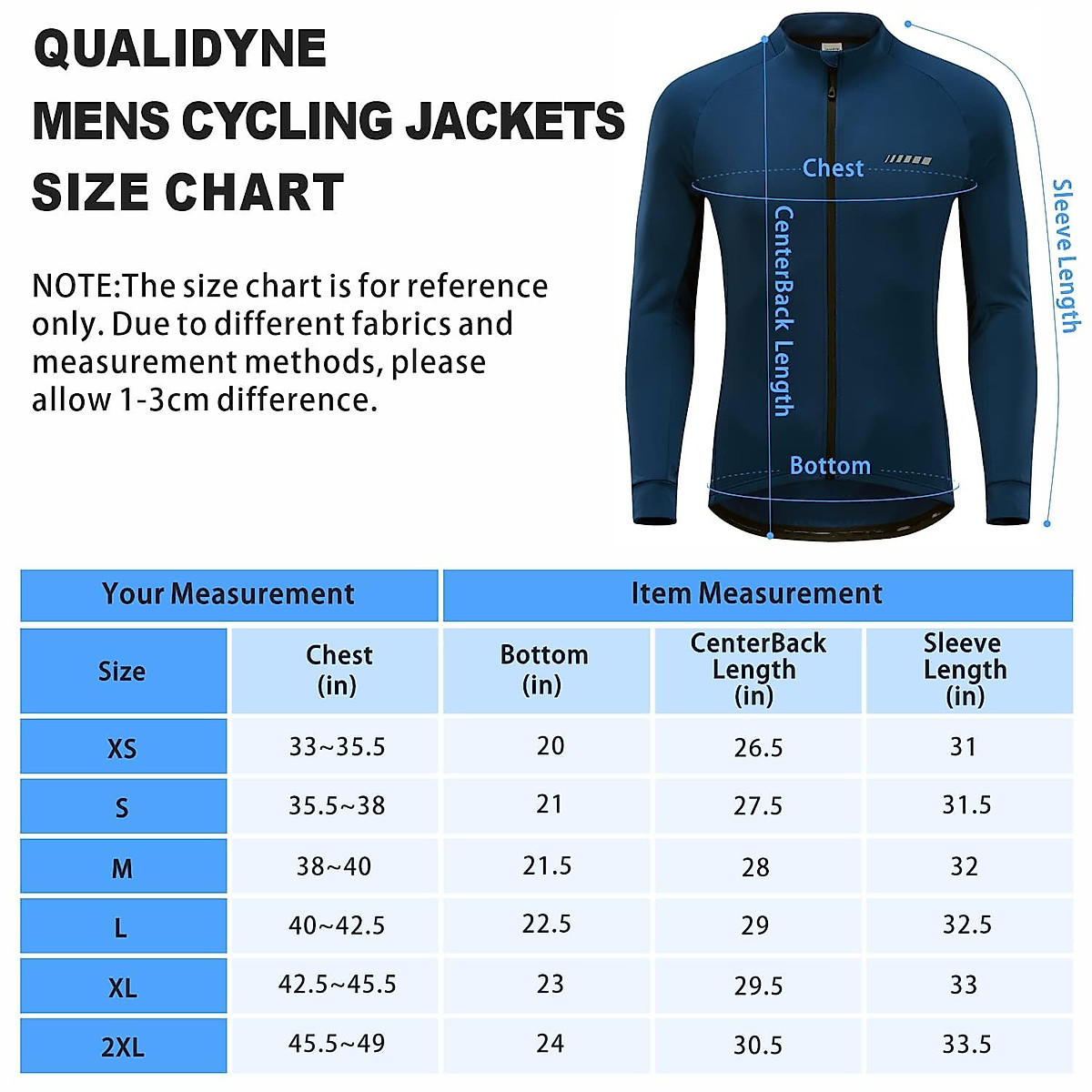 qualidyne Men's Winter Cycling Jersey Long Sleeve Fleece Thermal Bike Jacket Full Zip Biking Bicycle Shirt Cold Weather Blue