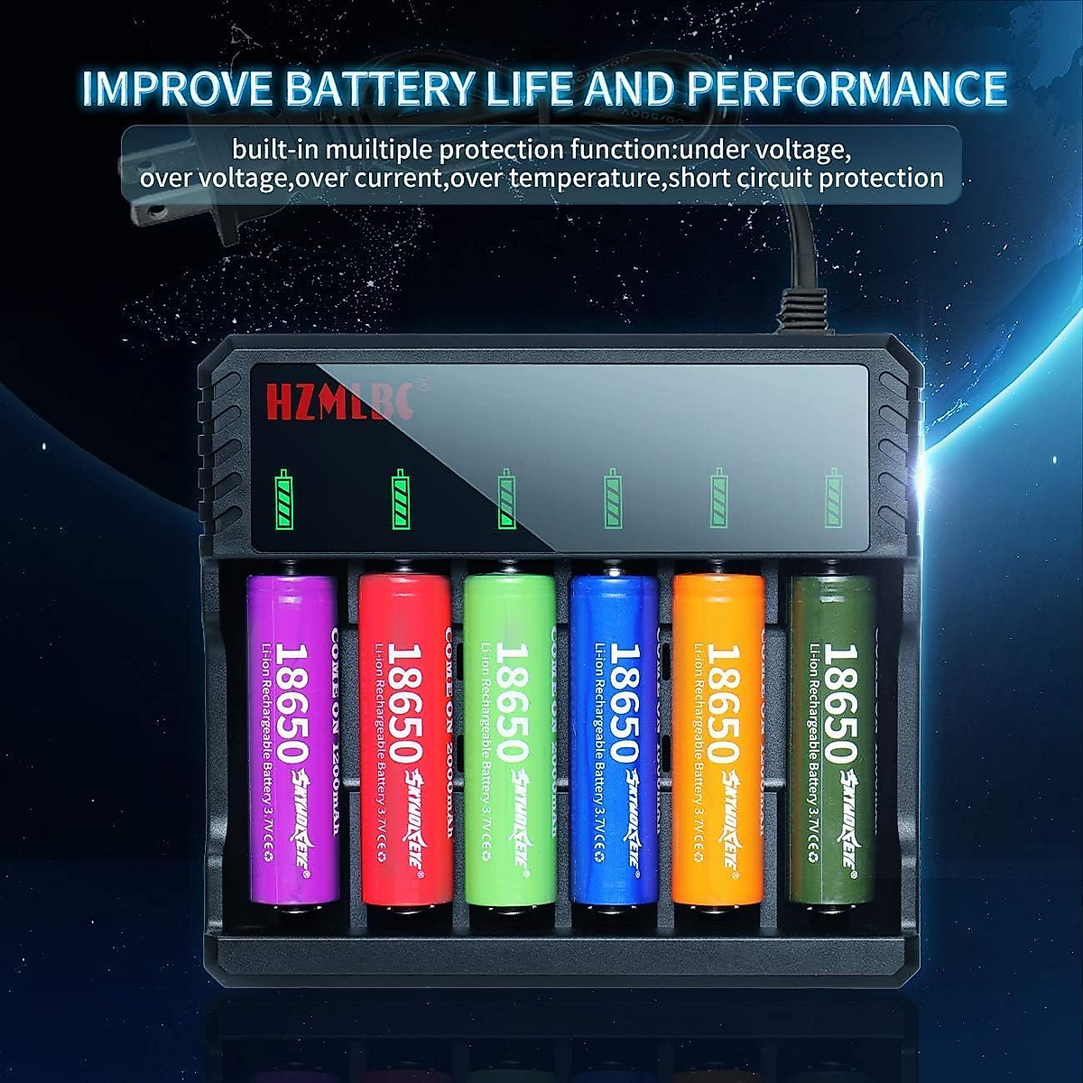 6 Bay 18650 Battery Charger Universal Wall Charger for 3.7v Lithium Rechargeable Batteries Compatible 18650 26650 14500 16340(RCR123) 10440 17670 18490 17500 Lithium Battery Charger (DC Charger)