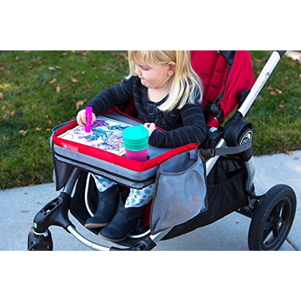 Kids E-Z Travel Lap Desk Tray by modFamily - Universal Fit for Car Seat, Stroller & Airplane - Organized Access to Drawing, Snacks, and Activities. Includes Bonus Printable Travel Games - (Red)