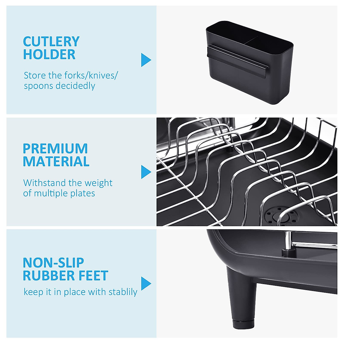 TOOLF Dish Drying Rack, Stainless Steel Dish Rack, Expandable(14.5"-25.3") Dish Drainer Rack and Utility Drainboard Set with Foldable Rack, Utensil Holder Cups Holder for Countertop, 1 Piece Black