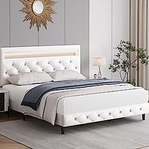 Modern Upholstered Platform Bed Frame with LED Headboard, Faux Leather Low Profile Platform Bed Frame, Strong Wood Slat Support, Adjustable Upholstered Headboard, Easy Assembly, White, Queen Size