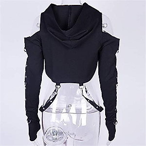 Women Gothic Punk Hoodies Bandage Crop Tops Long Sleeve Off Shoulder Pullover Sweatshirt for Rave Festivals Streetwear