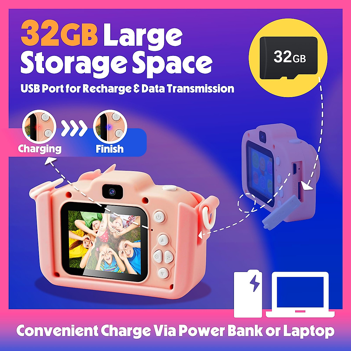 Kids Camera for Boys and Girls - BELLOCHIDDO 1080P HD Toddler Camera for Kids Toy Gift, Children Camera Christmas Birthday Gifts for Age 3-8 with Cartoon Soft Silicone Cover and 32GB SD Card