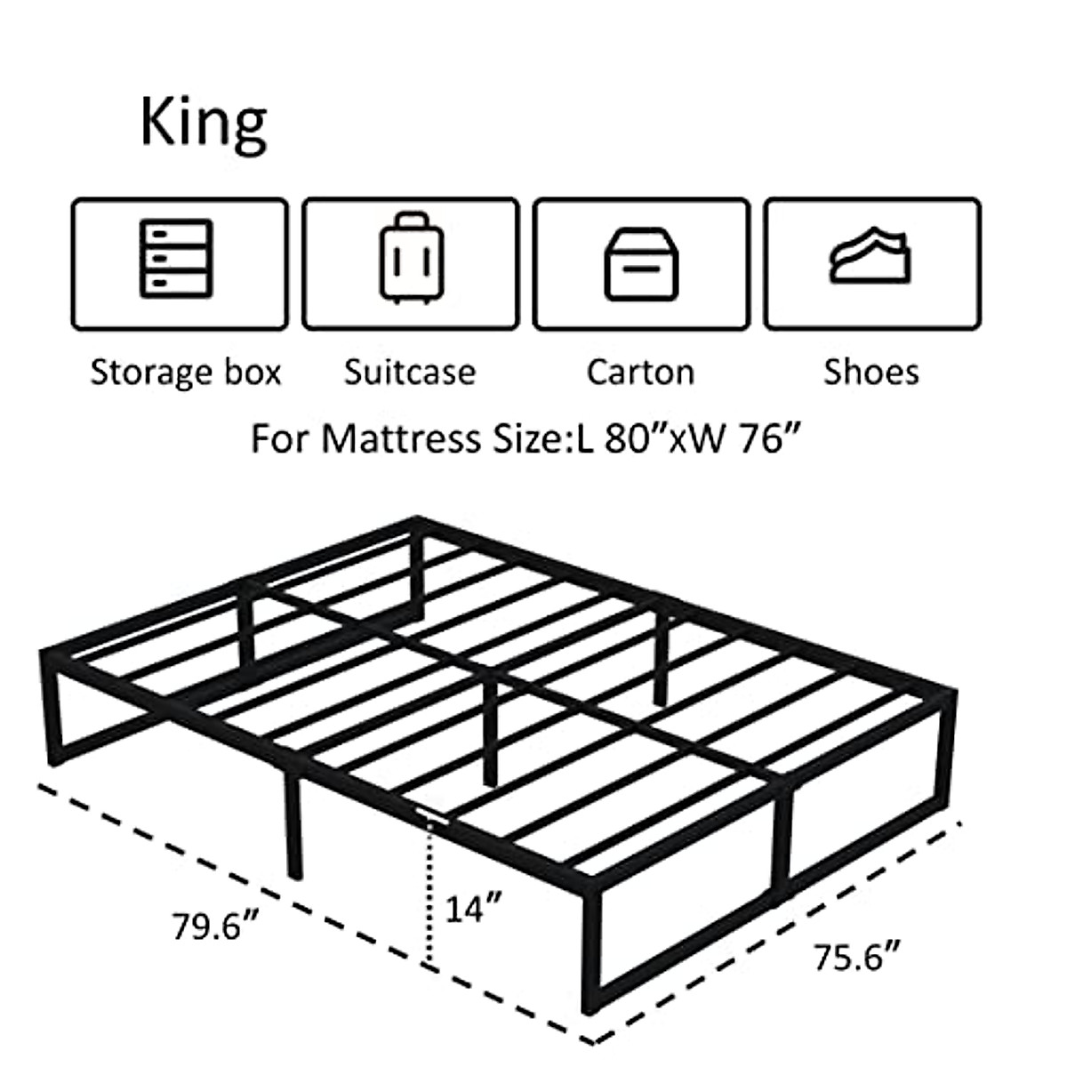 Richwanone 14 inch King Bed Frame Metal Platform Mattress Foundation with Heavy Duty Steel Slat Support, No Box Spring Needed, Easy Assembly, Black