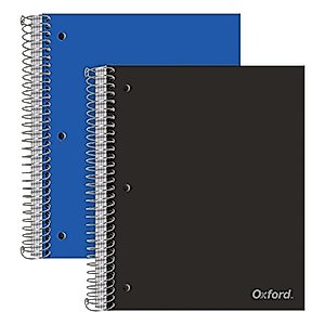Oxford Spiral Notebooks, 5-Subject, Wide Ruled Paper, Durable Plastic Cover, 200 Sheets, 5 Divider Pockets, 2 Per Pack (10387), Assorted