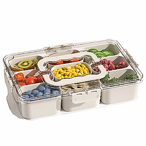 Divided Serving Tray with Lid and Handle - 9 Compartment Snack Box Container Portable Storage Organizer Container for Fruit, Candy, Veggie, Nuts, Spices& Snacks, Perfect for Party, Travel& Picnic