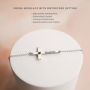 AJ's Collection Personalized Cross Necklace With Birthstone Setting. Upto 9 Characters. Choice of Sterling Silver Chain. Gift for her Keep Special Name Near Your Heart.