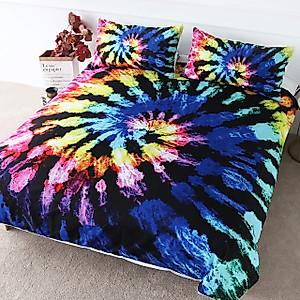 BlessLiving Tie Dye Bedding Full Size Hippie Bed Sets Black Blue Purple Tie Dye Bedding Full Size Set Trippy Bedspread for Boys Girls 3 Pieces Gypsy Comforter Cover with 2 Pillowcases (Full)