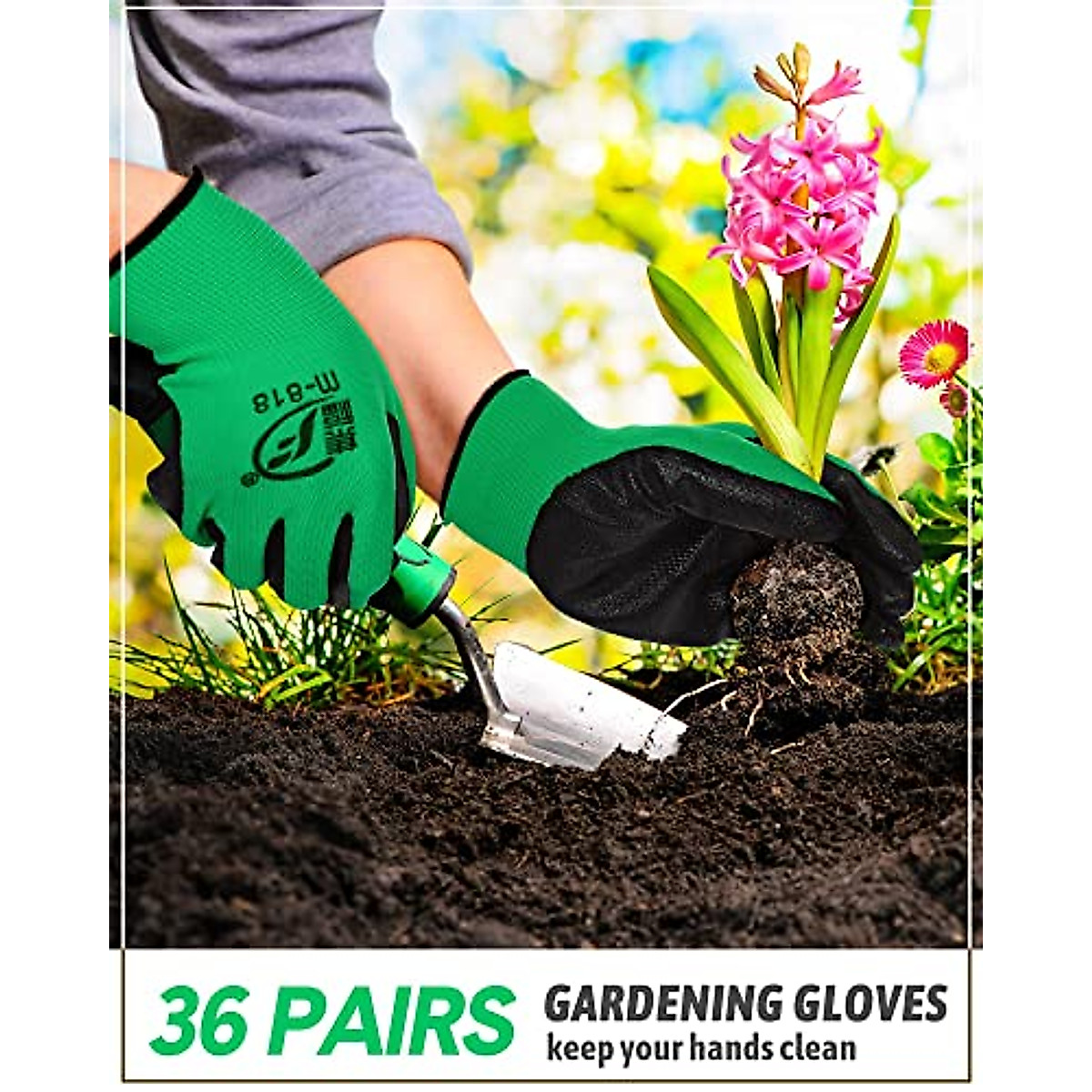 Honeydak 36 Pairs Gardening Gloves for Men Women Breathable Rubber Coated Garden Gloves Men Safety Work Gloves (Black, Green)