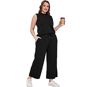 SAMPEEL Two Piece Set for Women Casual Lounge Sets Summer Outfits Matching Sets Women Clothing Business Casual Vacation Travel Outfits Wide Leg Crop Pants Mock Neck Tops Set Black 2025 M