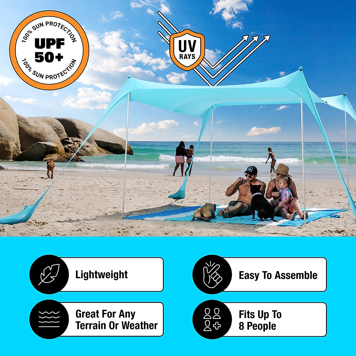 SUN NINJA Beach Tent Sun Shelter with UPF50+ Protection, Includes Sand Shovel, Ground Pegs and Stability Poles, Outdoor Pop Up Beach Shade Canopy for Camping, Fishing, Backyard Fun or Picnics