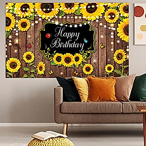 Sunflower Happy Birthday Party Decorations Rustic Wood Photography Butterfly Sunflower Backdrop Banner Background for Indoor Outdoor Birthday Party Baby Shower Decor Supplies