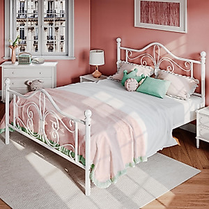 SHA CERLIN Full Size Bed Frame with Headboard,Metal Bed Frame with Butterfly Pattern Design Headboard & Footboard,No Box Spring Needed,Easy Assembly,White