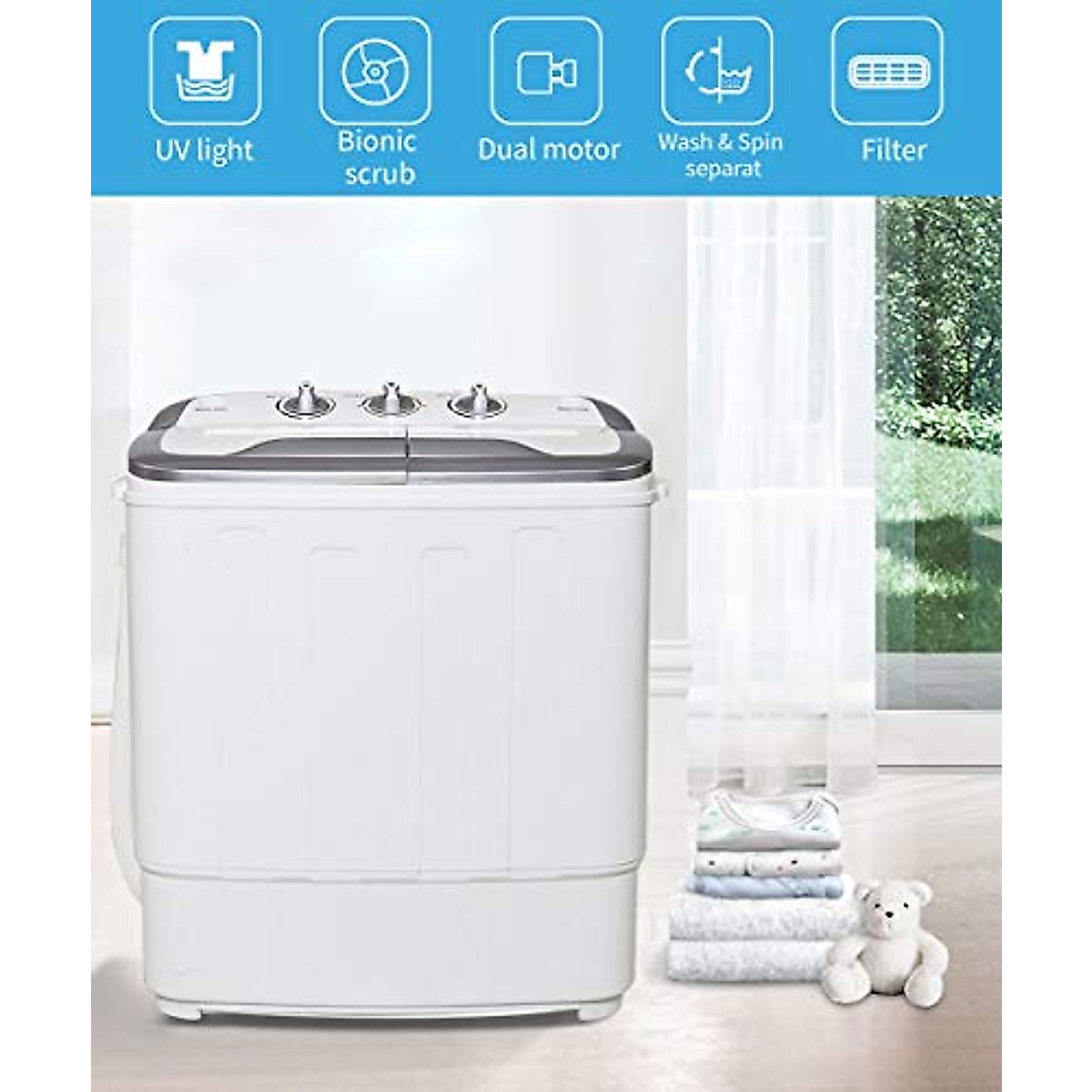 Clothes Washing Machines,SAFEPLUS Compact Mini Twin Tub Versatile Washer Machine with 8 lbs Washing &5 lbs Spin Dryer Load Cappacity Gravity Drain Pump and Drain Hose for Apartment